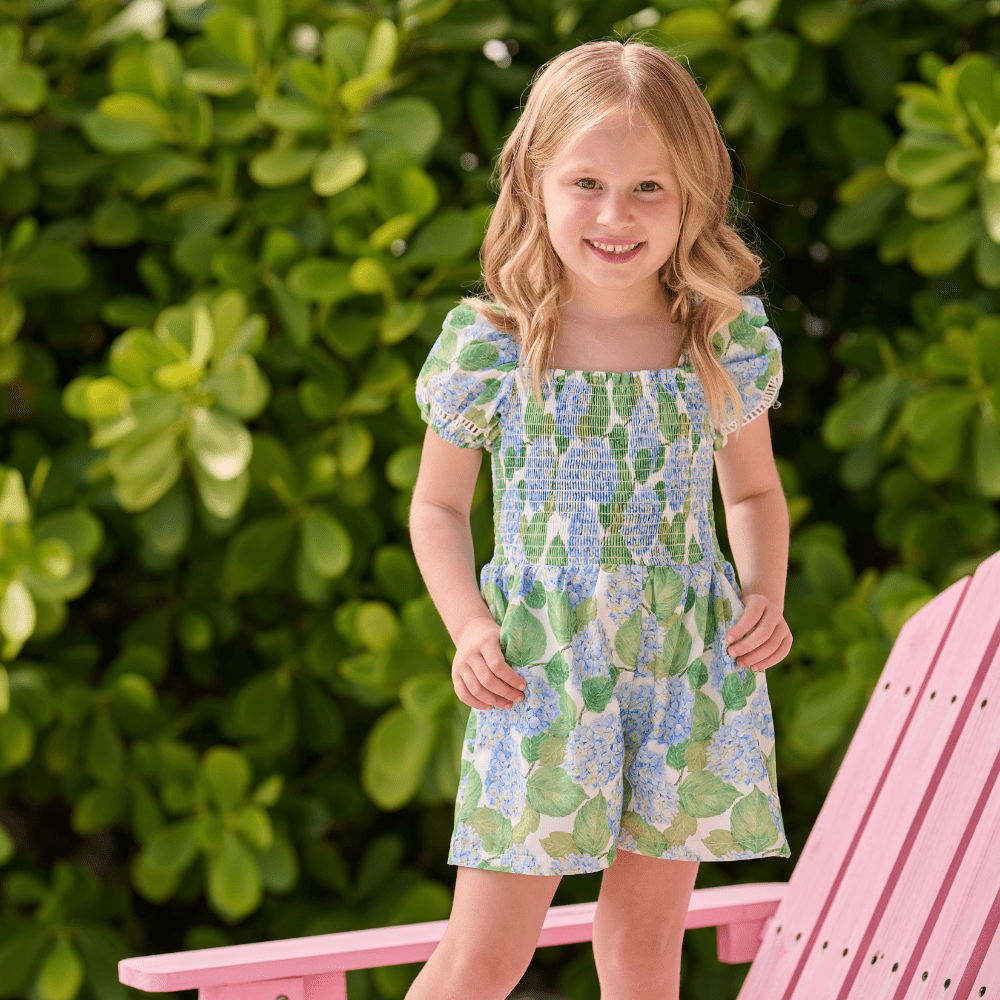 Rosie Smocked Romper - Blue Hydrangeas – Sugar Bee Clothing