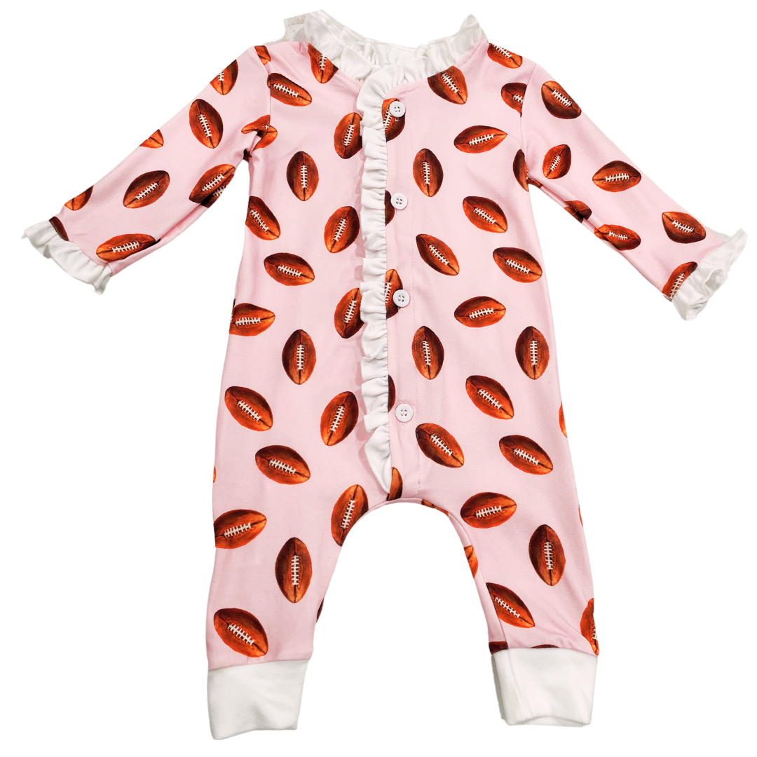 One- Piece Ruffle Buttflap Pajamas - Girls Football – Sugar Bee Clothing